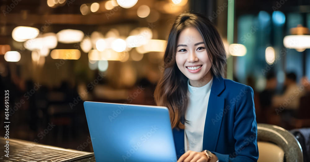 Asian office working girl with a radiant smile sits in front of her ...