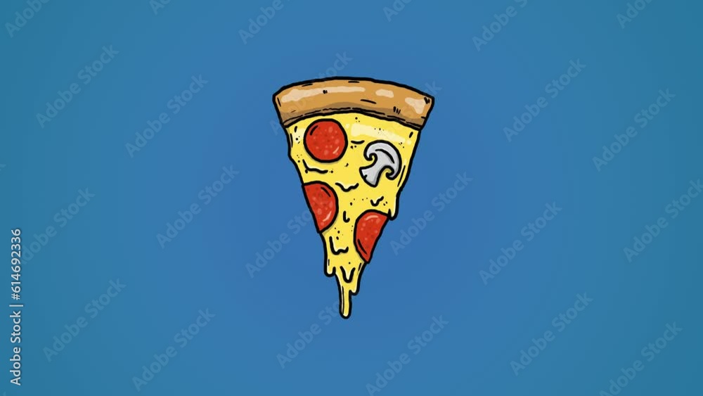 Rolling pizza slice cartoon illustration isolated on blue gradient ...