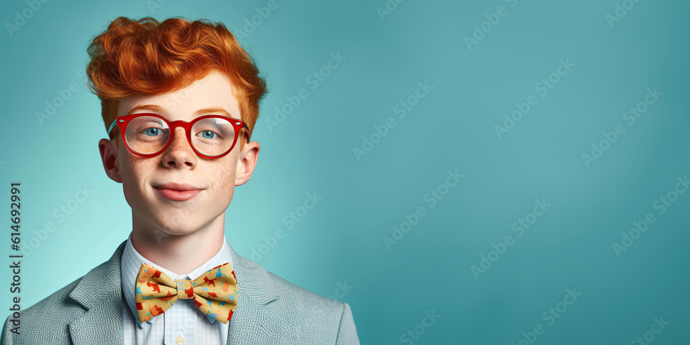 Happy ginger teenage boy with big eyeglasses and bow ties. Isolated on solid blue background ...