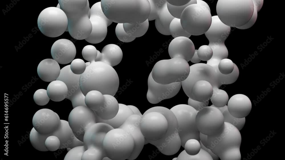 White 3D bubbles separate and reattach from liquid sphere on black ...