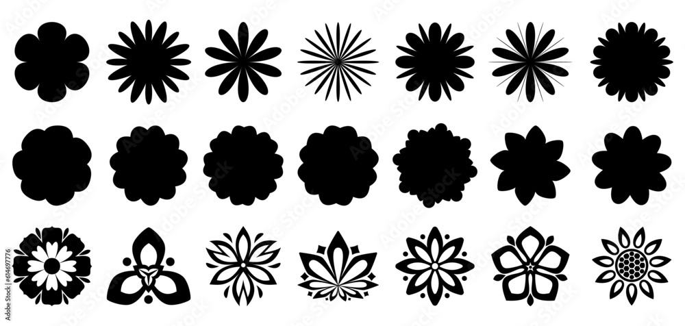 Black flower icons collection. Set of black abstract flower logo ...