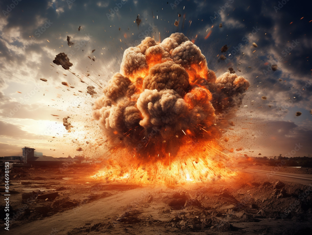 Explosion in war, nuclear explosion. Fire and fragments fly from the ...