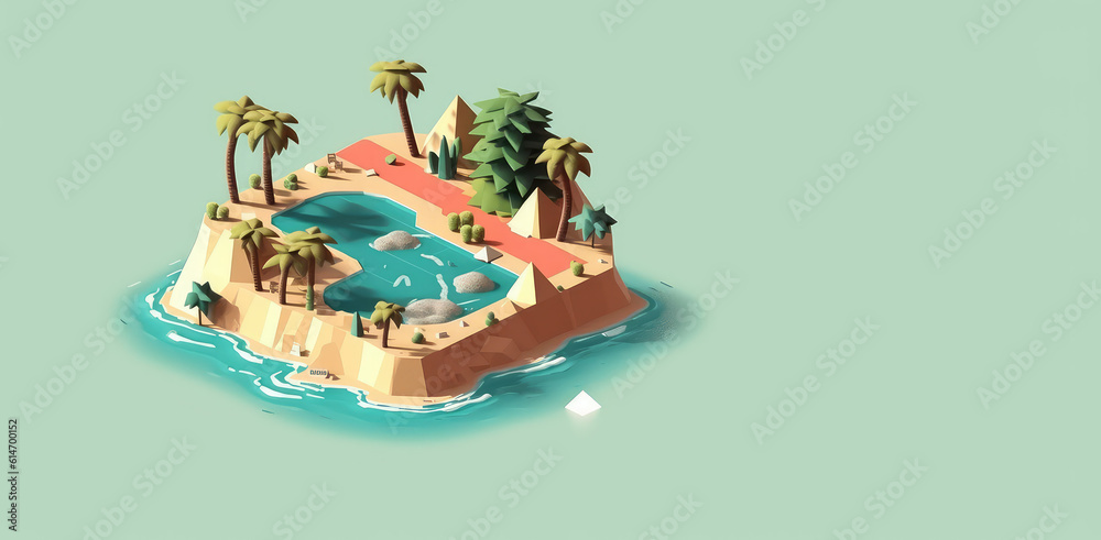 Tropical island with sea and beach in isometric cartoon style. Banner ...