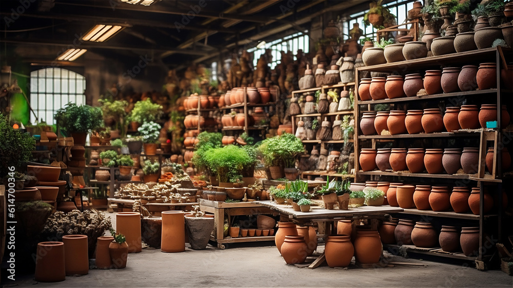 pottery workshop, racks with pots for plants, shop for the sale of ...