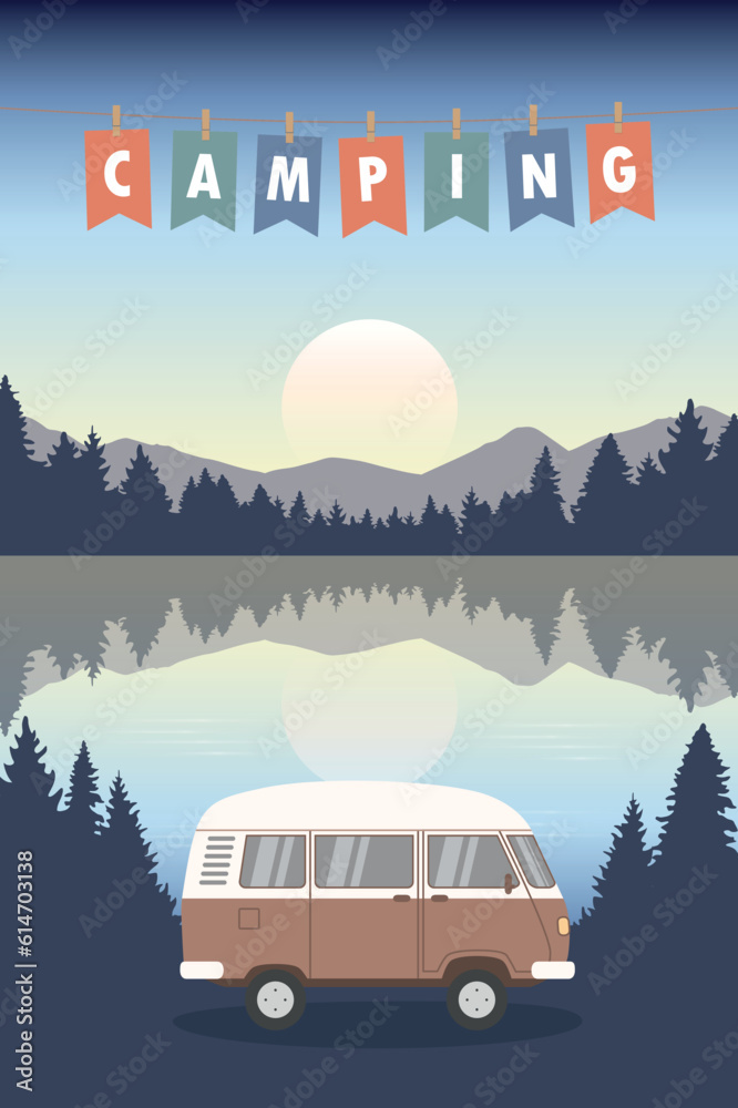 camping adventure summer holiday with camper van by the lake vector ...