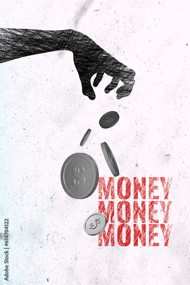 Vertical picture collage of hand grab money falling coins collect usd ...