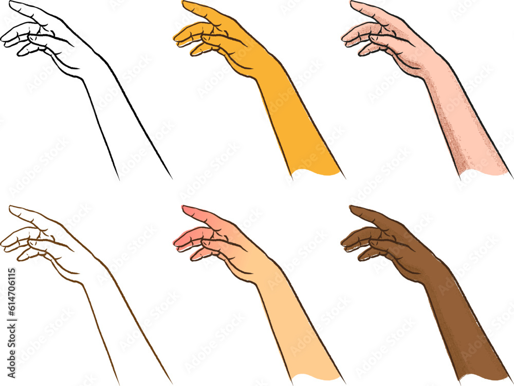 Line art illustration of hand drawn female hands set. Defferent skin ...