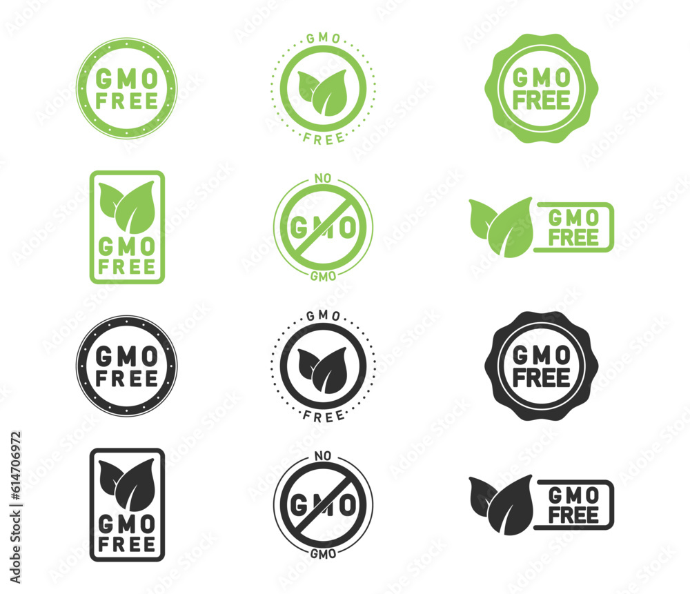 Set of 6 minimalistic GMO free labels for food. Non GMO healthy food icons. Warning signs of the ...