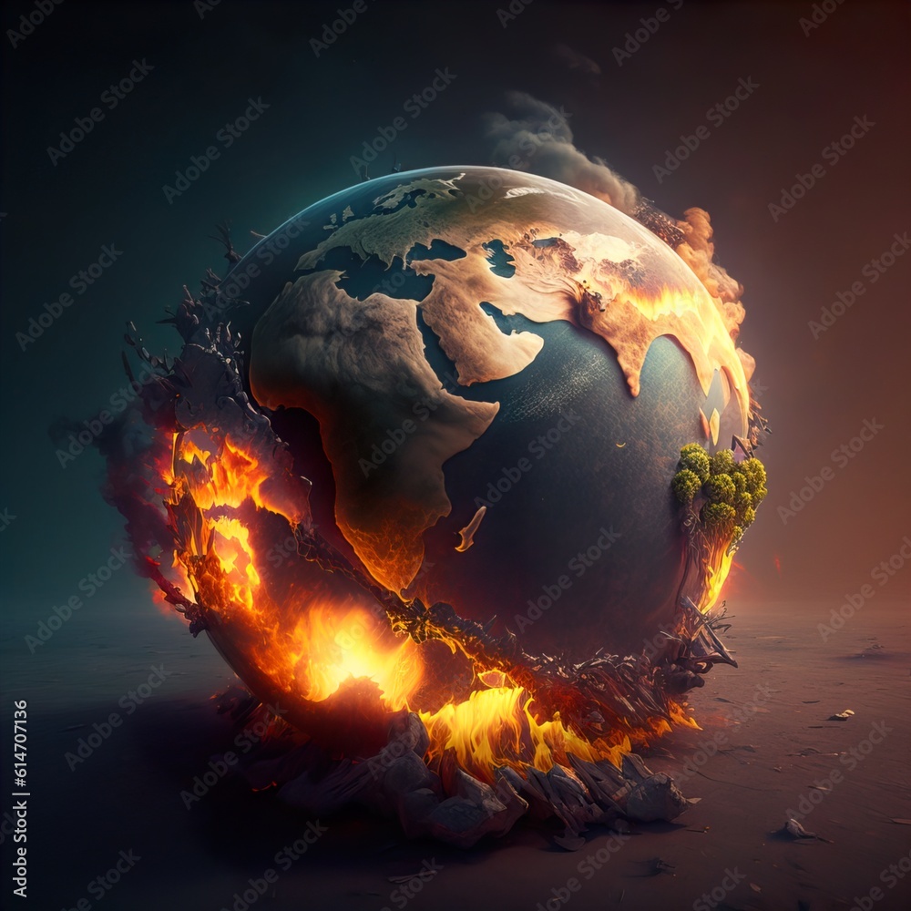 Generative AI illustration of fire flames burning Earth after global ...