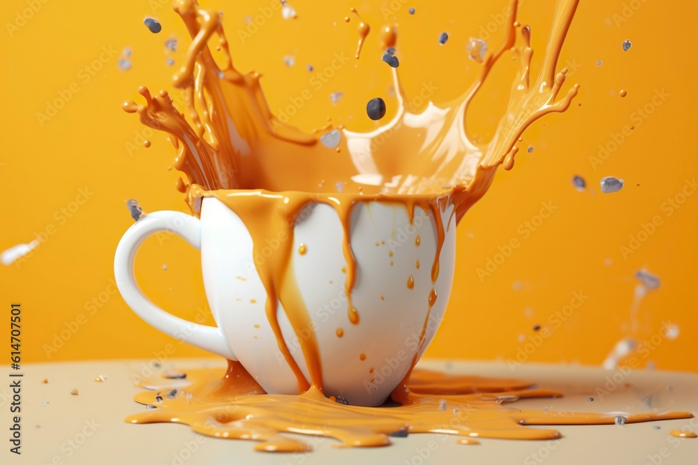 A cup splashes and spills the liquid making a mess of dirt. Ai ...