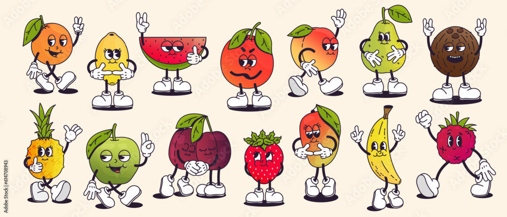 Retro cartoon fruits. Cartoon cute apple, orange and grapefruit faces ...