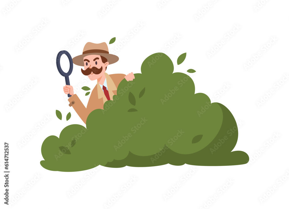 Curious detective hiding in bushes and looking through magnifier, flat ...