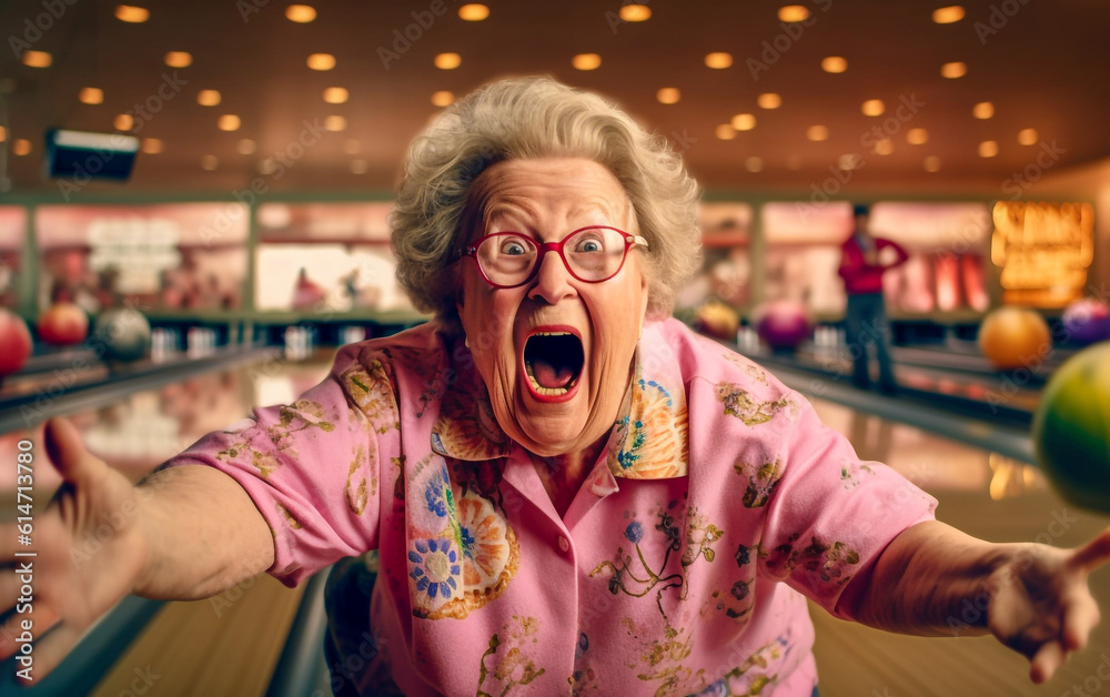 Funny old woman playing bowling, he is joyful and exultant ilustração ...