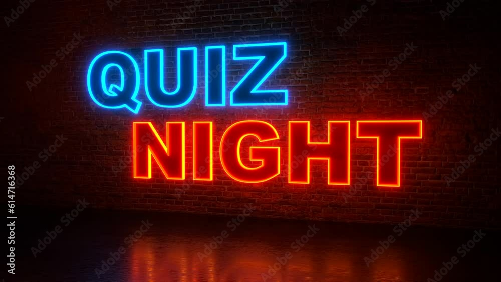 Quiz Night. Animated text in red and blue. Illuminated neon letters ...