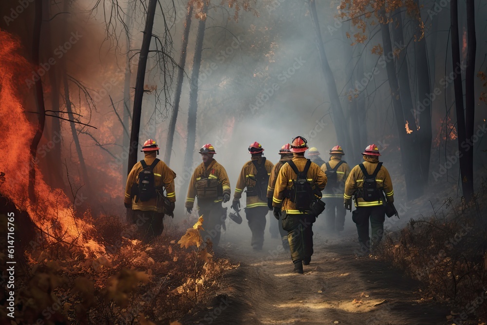 Brave firefighters put out a forest fire fighting with fire, Generative ...