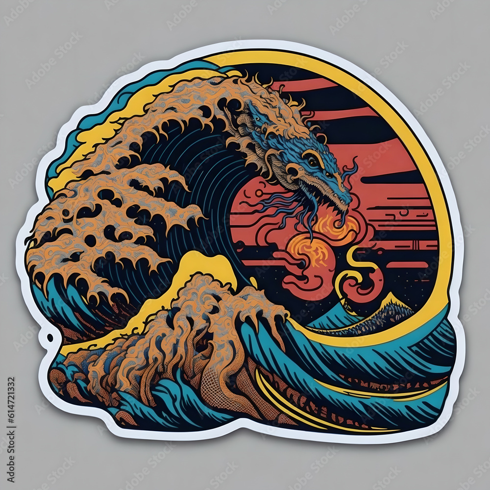 Dragon Sticker Ukiyo-e style, psychedelic, abstract.Bright colors, The ...
