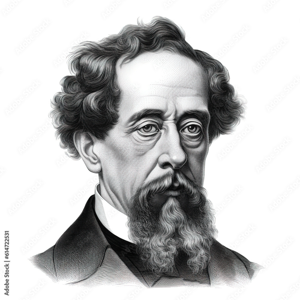 Black and white vintage engraving, headshot portrait of Charles Dickens ...