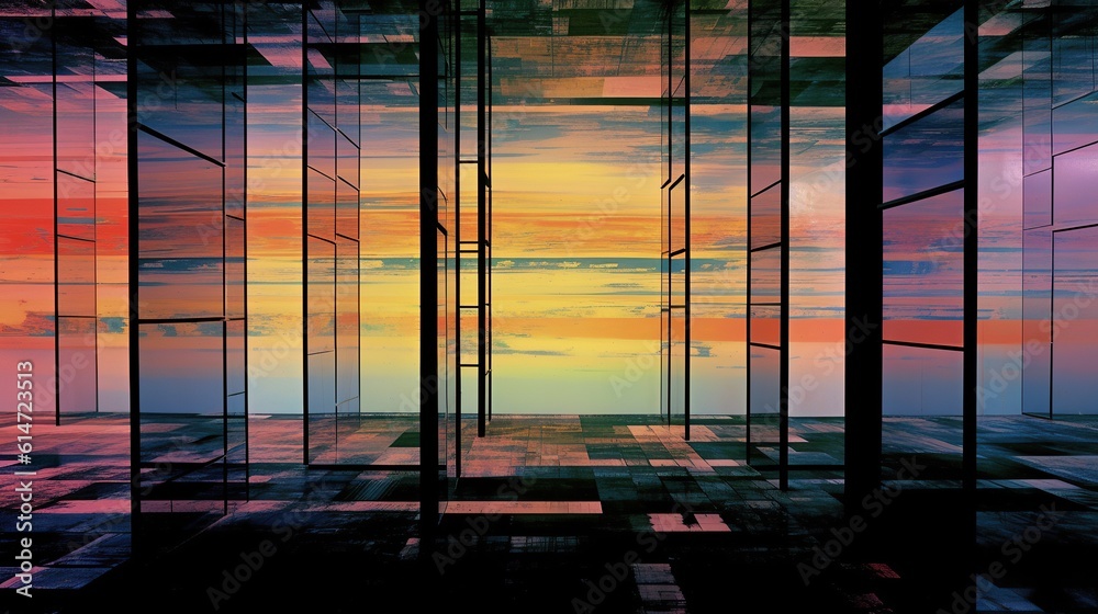 Futuristic sky view: reflection of the setting sun through a cloudy ...