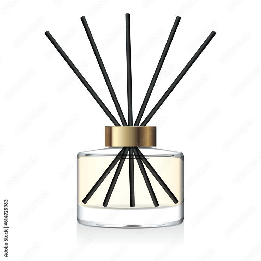 Transparent reed diffuser bottle mockup. Home fragrance with yellow ...