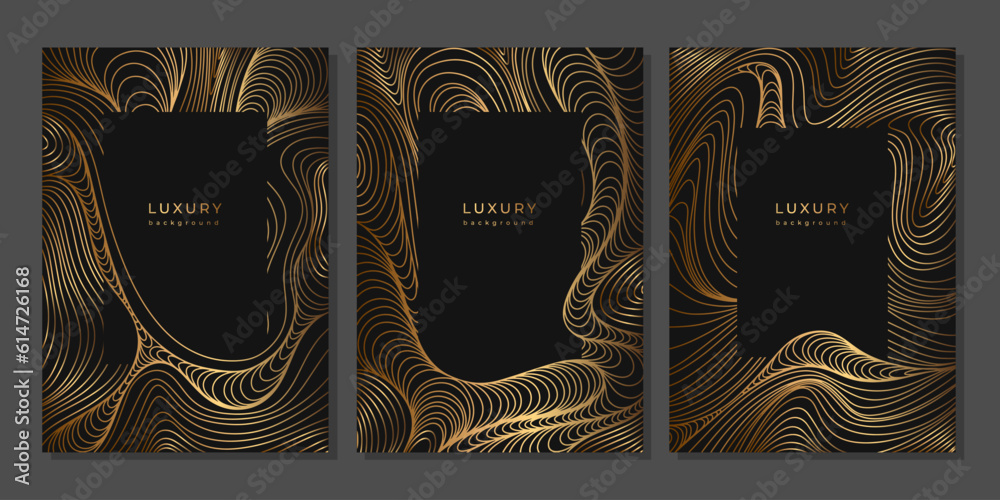 Set of luxury templates with golden wavy linear pattern. Line art. Gold ...