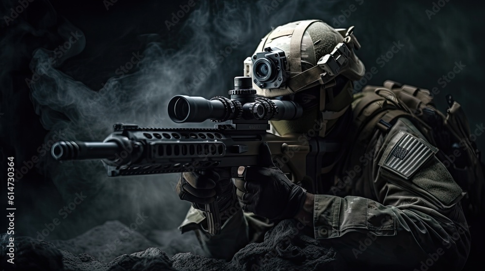 Military special force sniper on battle position army war concept ...
