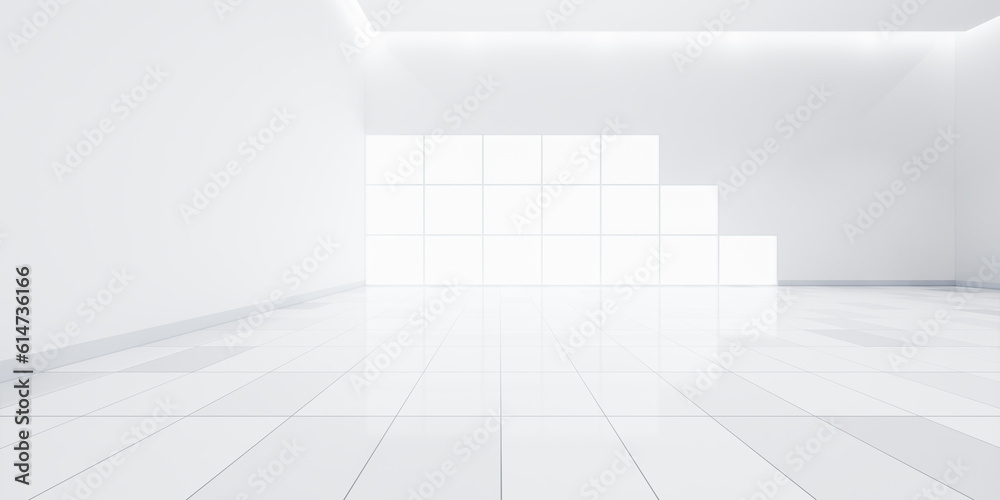 3d rendering of white empty space in room, ceramic tile floor in ...
