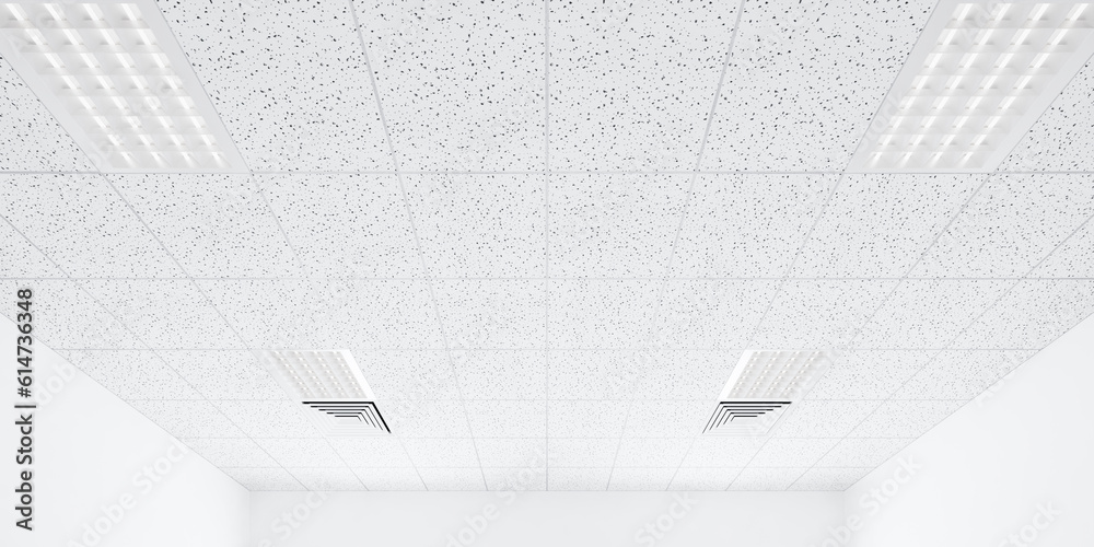 3d rendering of white ceiling in perspective with texture of acoustic ...