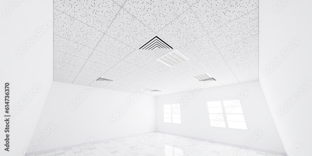 3d rendering of white ceiling in perspective with texture of acoustic ...