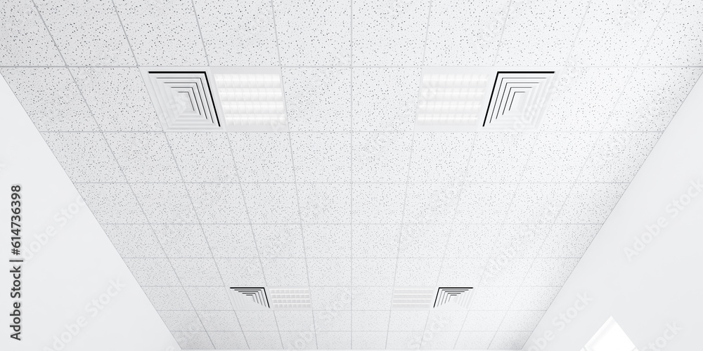 3d rendering of white ceiling in perspective with texture of acoustic ...
