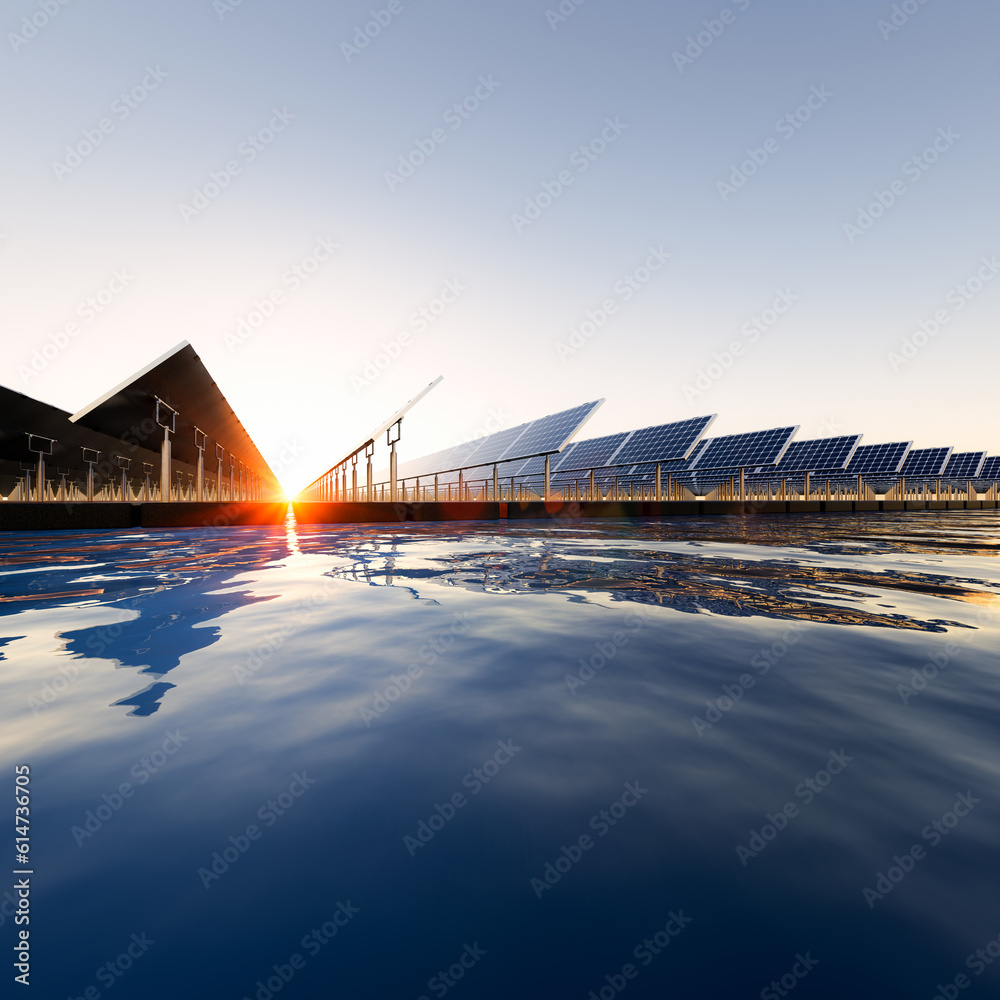 3d rendering of floating solar, floatovoltaics or solar farm consist of ...