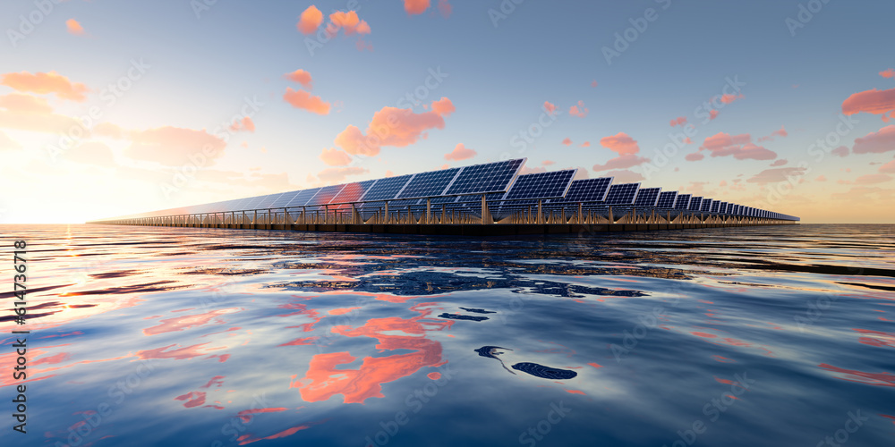 3d rendering of floating solar, floatovoltaics or solar farm consist of ...