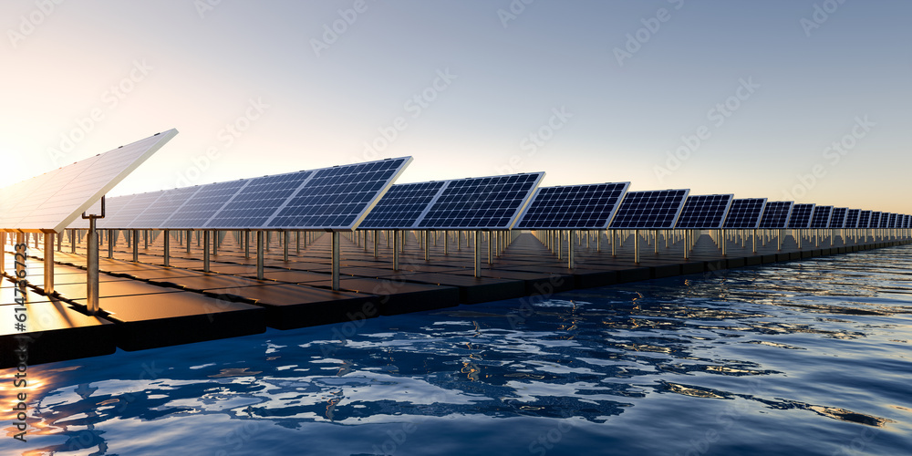 3d rendering of floating solar, floatovoltaics or solar farm consist of ...