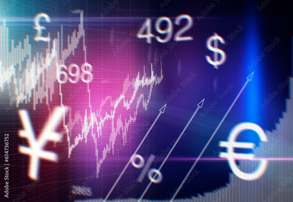 Various currencies and growth charts representing financial instability ...