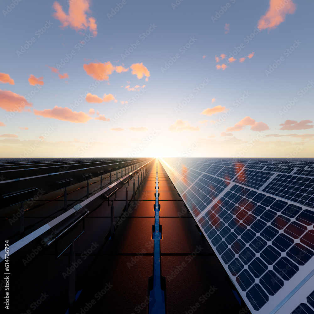 3d rendering of floating solar, floatovoltaics or solar farm consist of ...