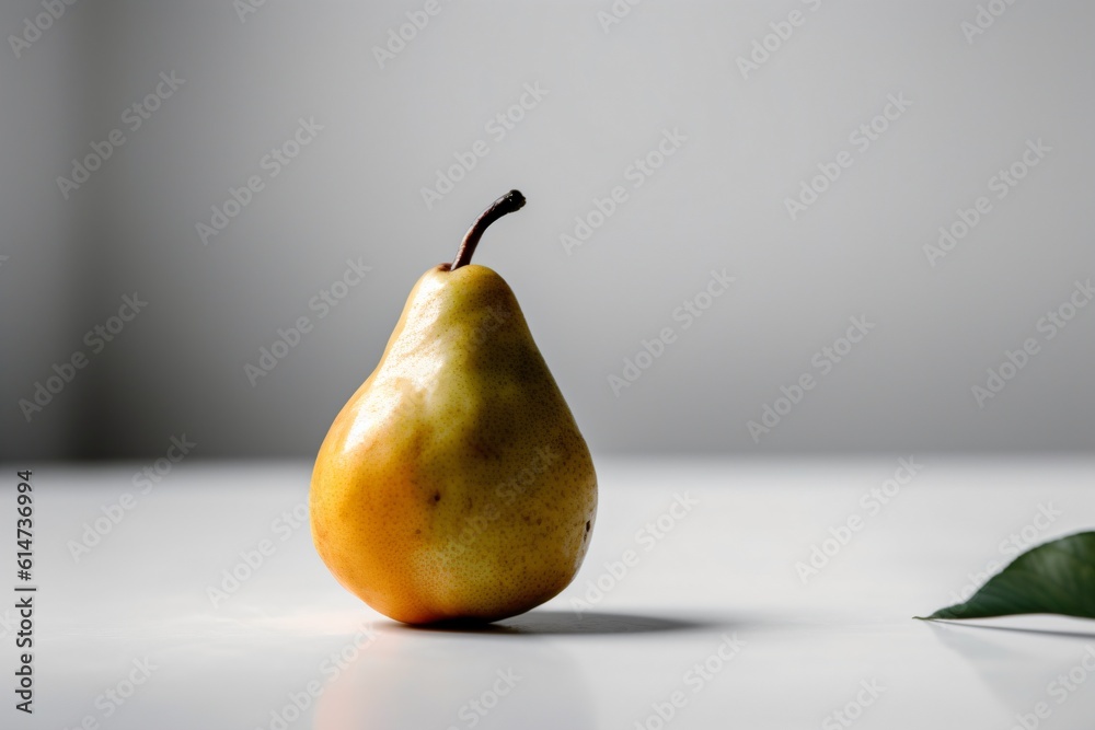 A minimalist still life of a single pear against a white background ...