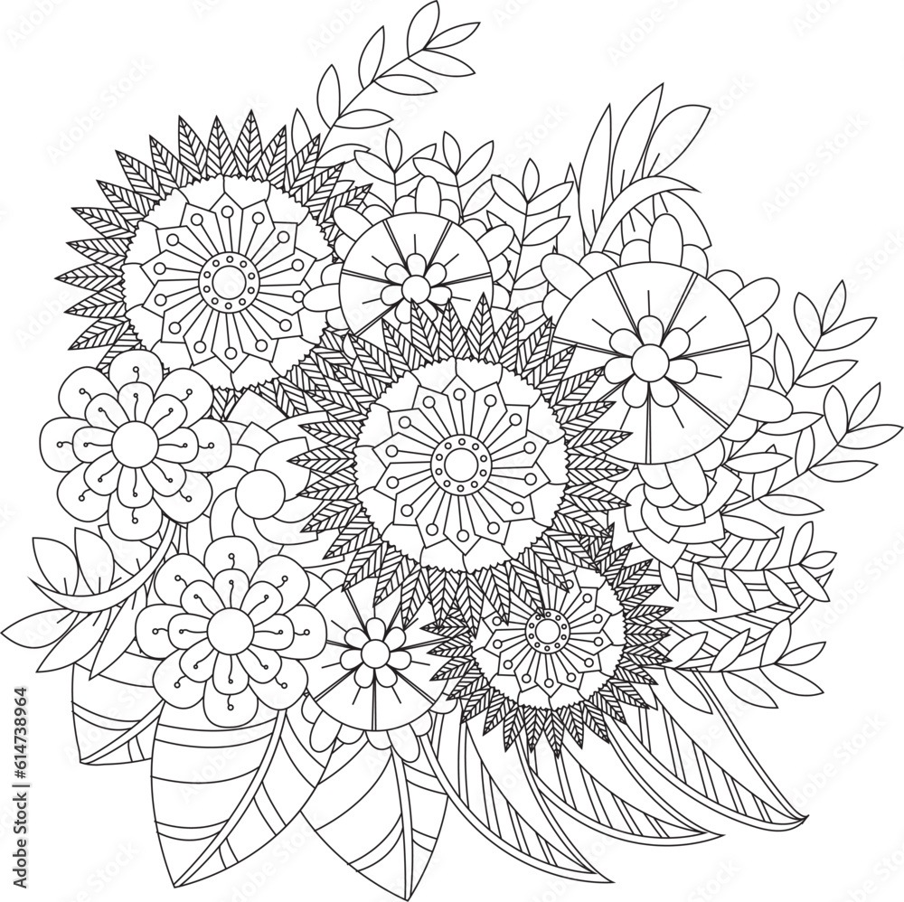 Flowers Leaves Coloring page Adult.Contour drawing of a mandala on a ...