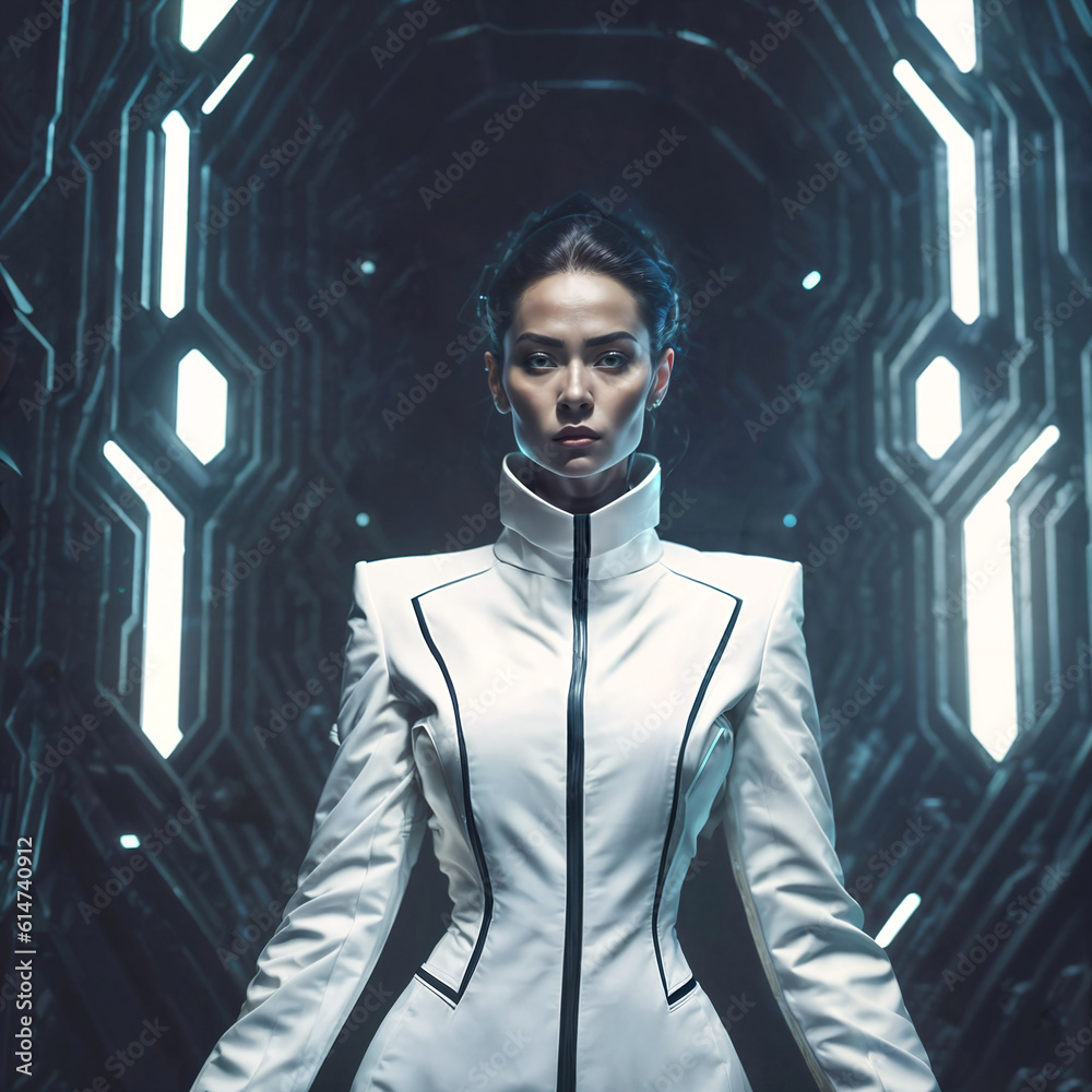 futuristic portrait photo of beautiful woman in white suit, generative ...