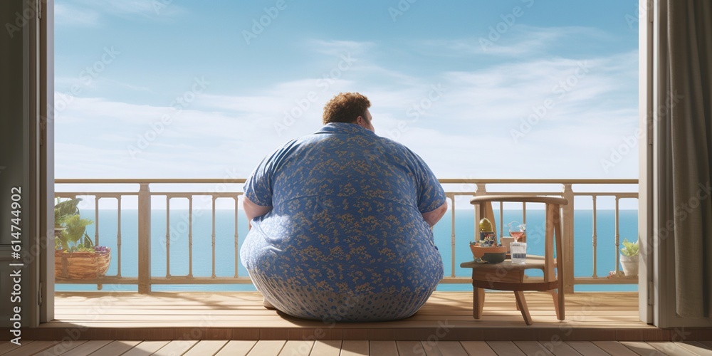 Rear view of obese man sits on balcony, concept of Body mass index ...