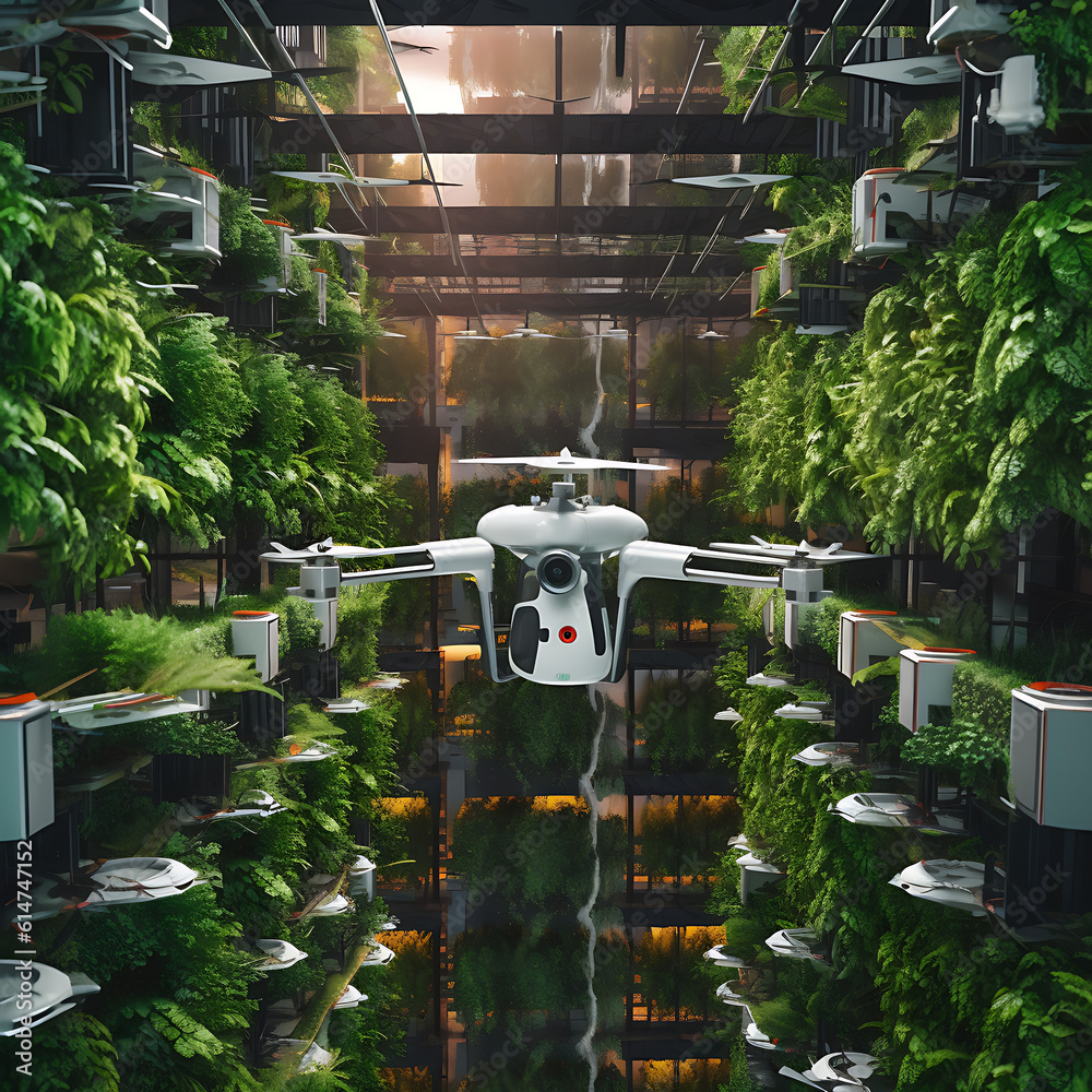 Autonomous UAV drone monitoring vertical farming crops plants in modern ...
