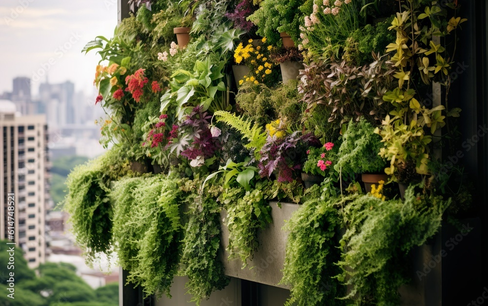 Vertical garden on a high-rise apartment balcony, filled with a variety ...