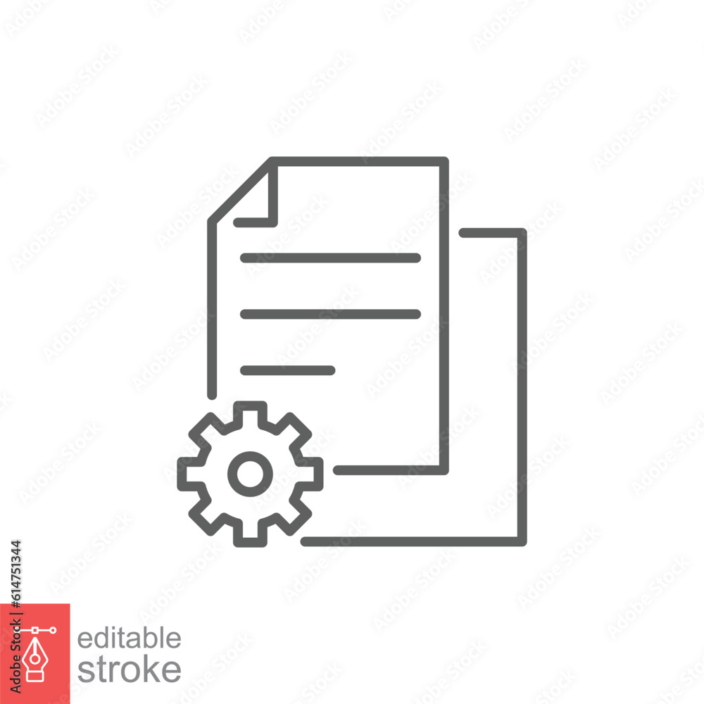Data process icon. Simple outline style. Document file with gear, cog ...