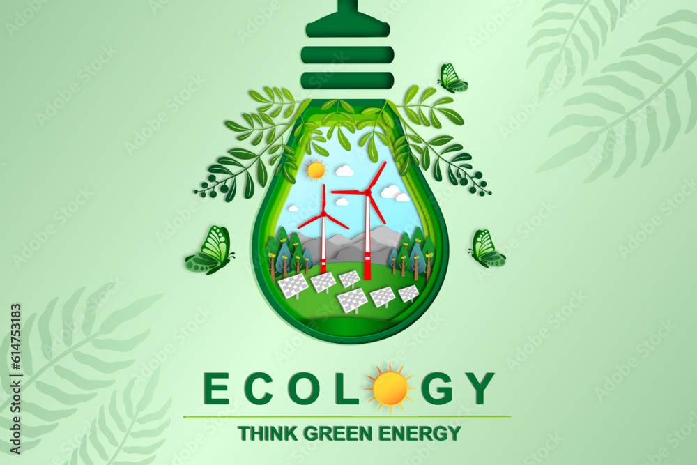 Ecology and Renewable energy paper art style, Wind turbine and solar ...