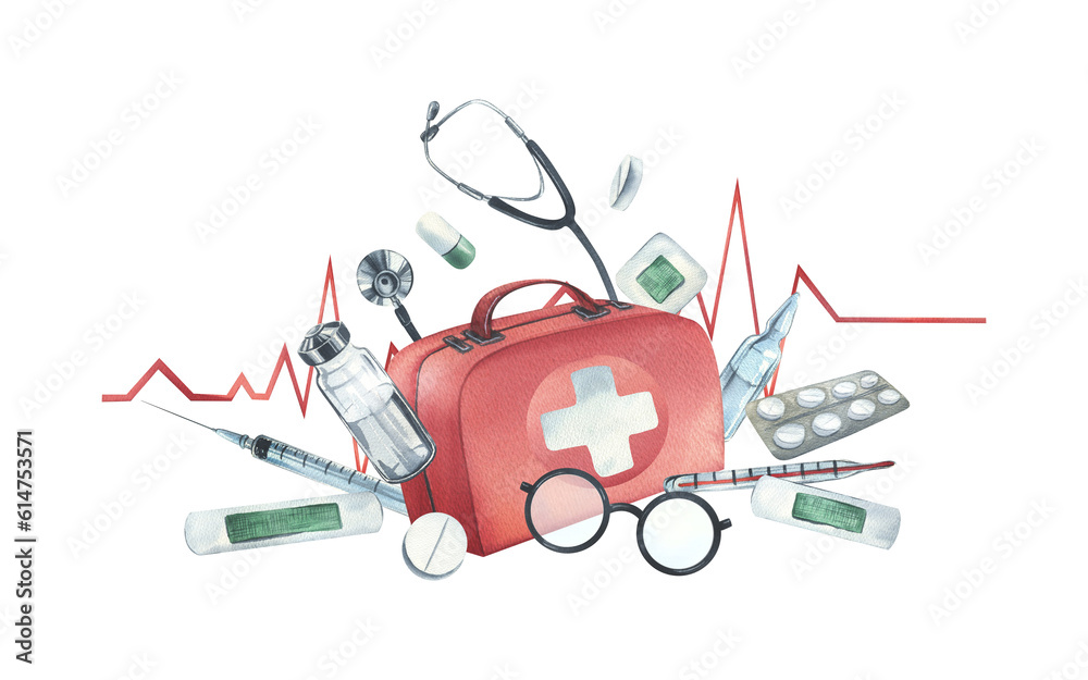 Red medical case, first aid kit with stethoscope, injections, plaster, pills and glasses ...