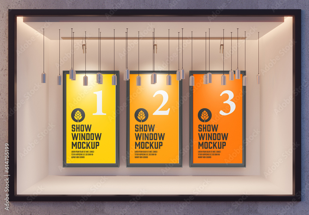 Window Display with 3 Posters Mockup Stock Template | Adobe Stock