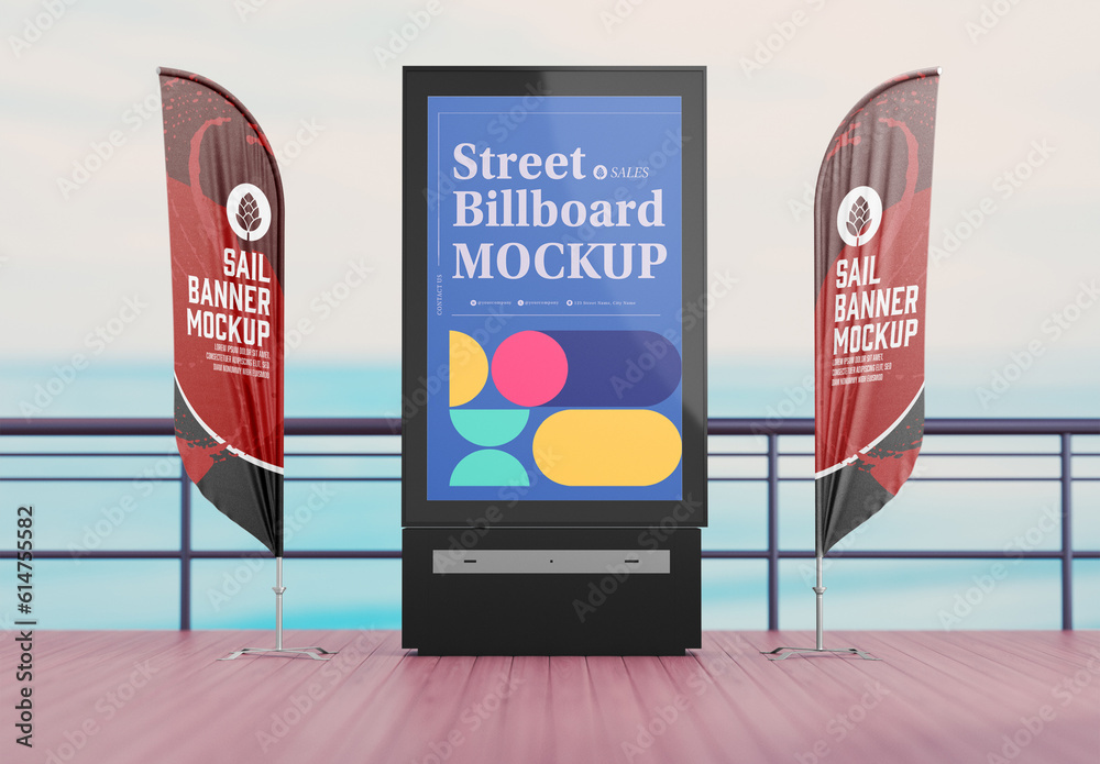 Beach Scene with Billboard with Flying Banners Advertisement Mockup ...
