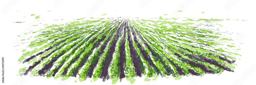 Vetor de Vector farm field landscape. Pattern of plowed furrows in preparation for crops ...