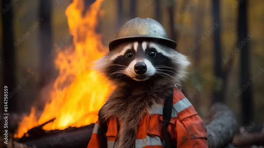 Raccoon in form of firefighter puts out fire, background is forest ...
