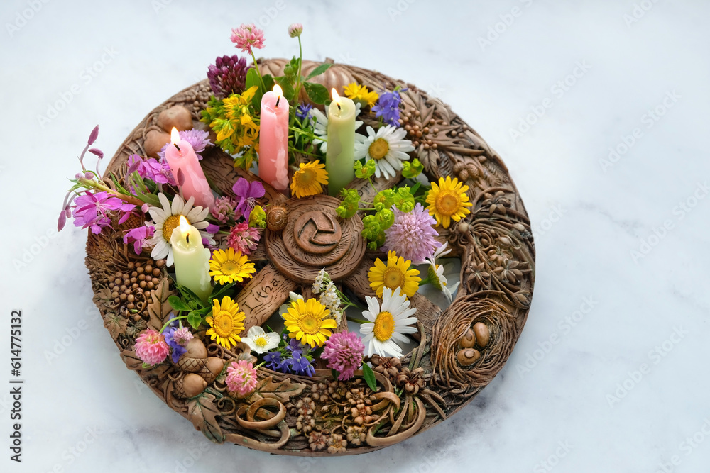 Altar for Summer solstice, Litha wiccan holiday. wheel of the year with ...