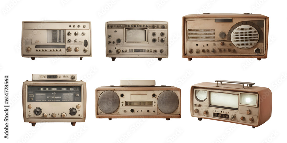 Set of retro old broadcast radio collection isolated on transparent ...