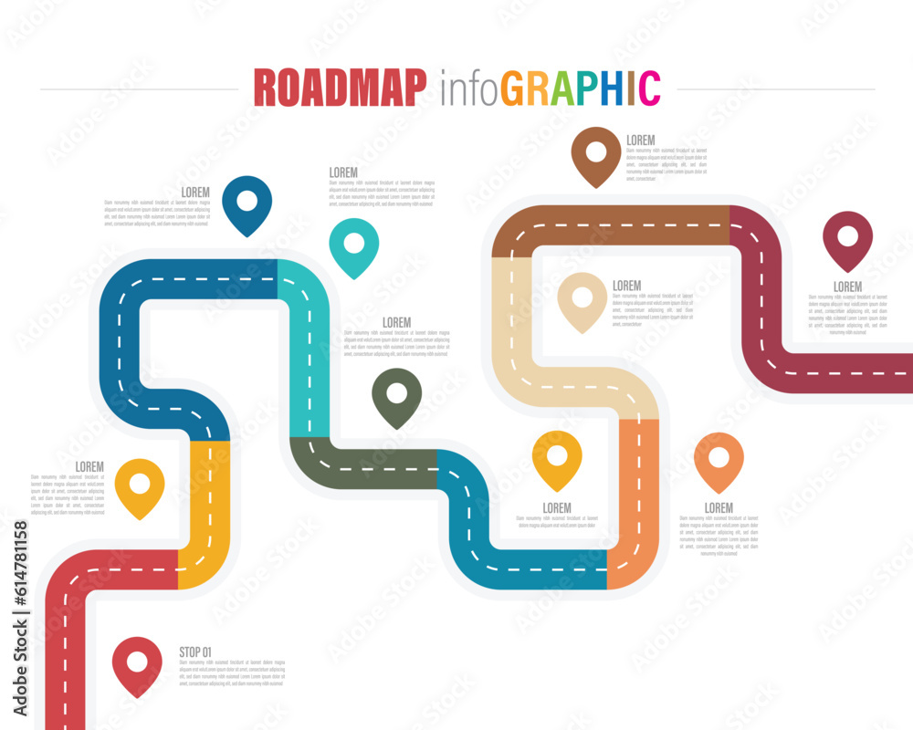 Road map infographic template with colorful pin pointers on the way ...
